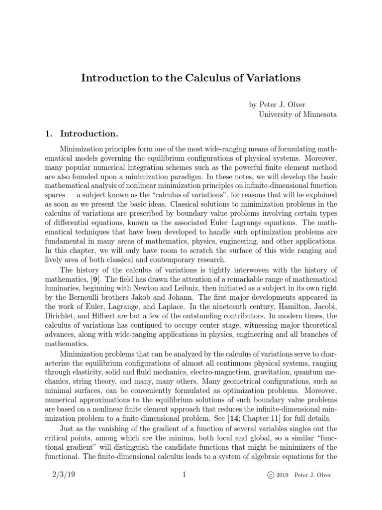 Introduction To The Calculus of Variations: C 2019 Peter J. Olver | PDF ...