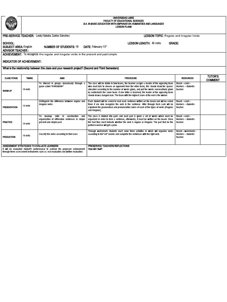 Lesson Plan Regular-Irregular Verbs | PDF | Lesson Plan | Verb