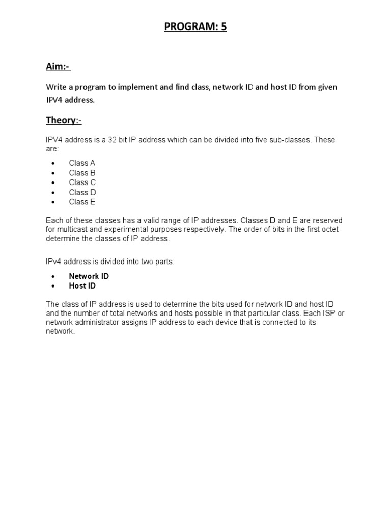 Program: 5: Write A Program To Implement and Find Class, Network ID and Host ID From Given IPV4 ...