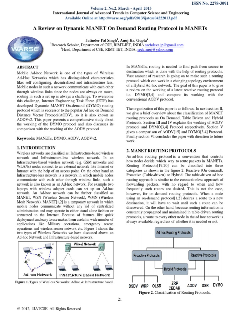 A Review On Dynamic Manet On Demand Routing Protocol In Manets Pdf