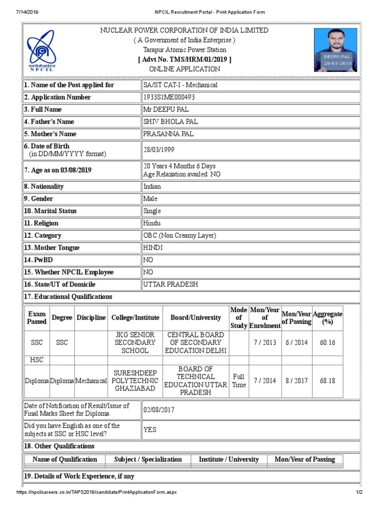 NPCIL Recruitment Portal - Print Application Form PDF | PDF | Business