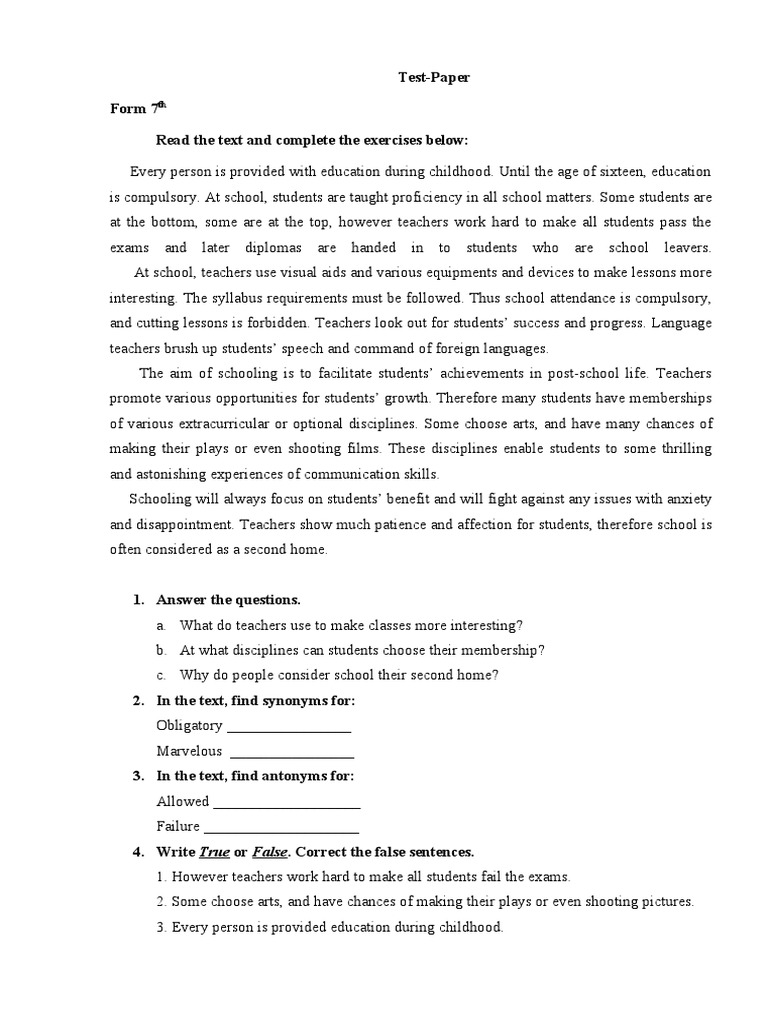 Test-Paper Form 7 Read The Text and Complete The Exercises Below | PDF ...