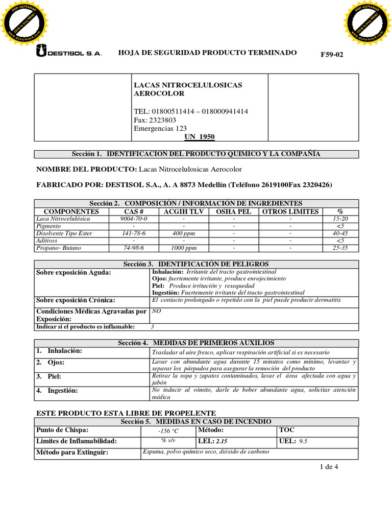 Hoja de Seguridad Lacas Nitrocelulósicas | PDF | Verde | Primeros auxilios