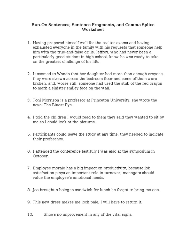 Run-On Sentences and Comma Splices Worksheet | PDF | Self-Improvement ...