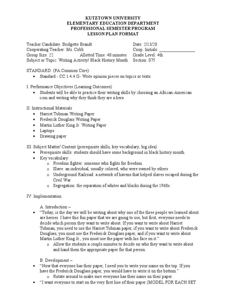 Kutztown University Elementary Education Department Professional ...