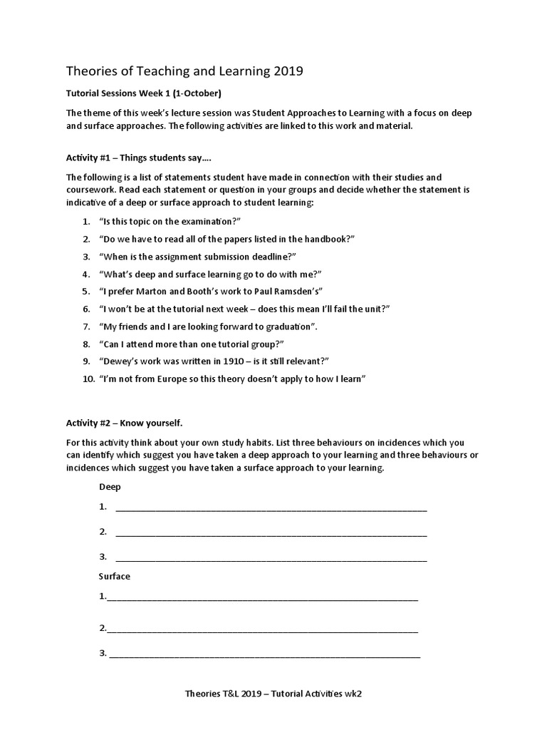 TTL-Tutorials wk2 - Student | PDF | Behaviorism | Educational Psychology