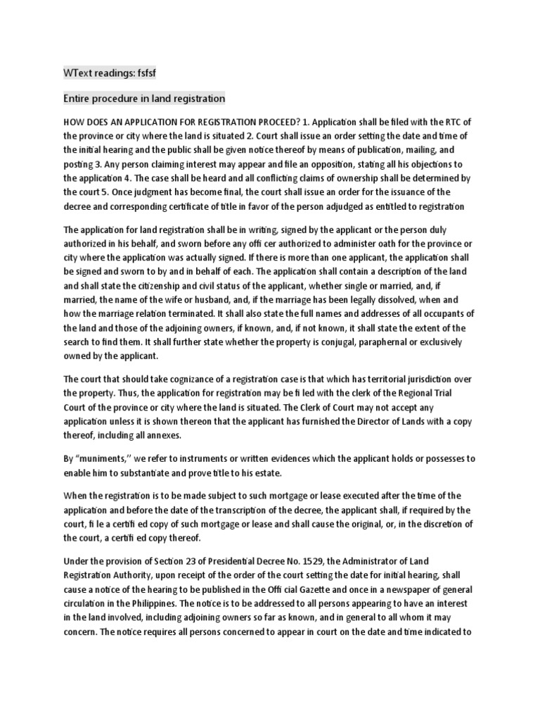 Wtext Readings: FSFSF Entire Procedure in Land Registration | PDF ...