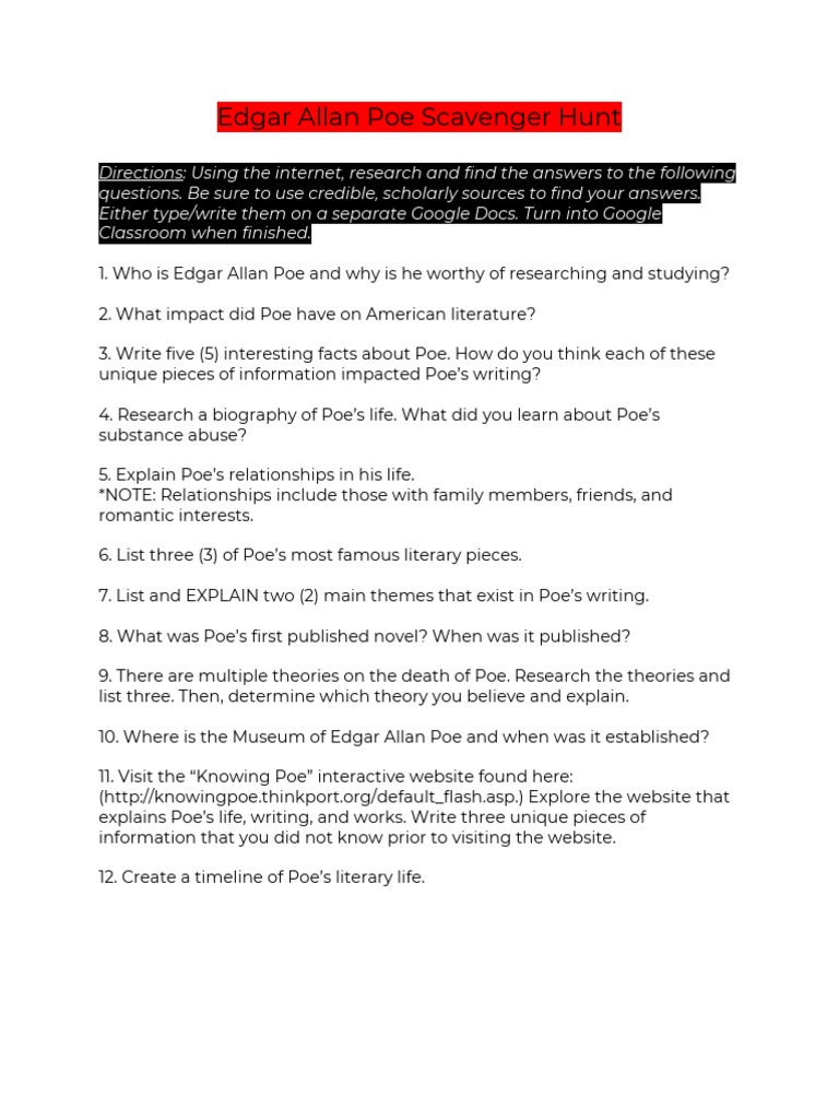 Eap Scavenger Hunt | PDF | Edgar Allan Poe