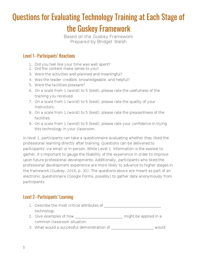 Questions For Evaluating Technology Training at Each Stage of The ...