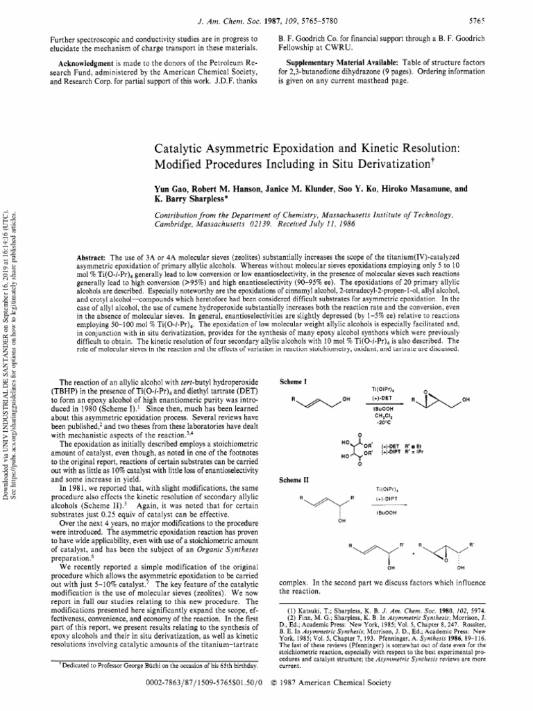 Sharpless, 1987, Catalytic Asymmetric Epoxidation and Kinetic ...