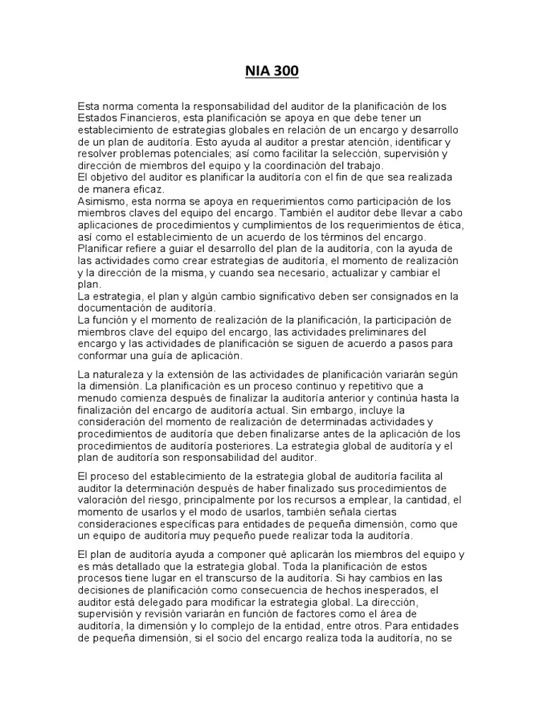 Resumen Nia 300 | PDF | Planificación | Auditoría