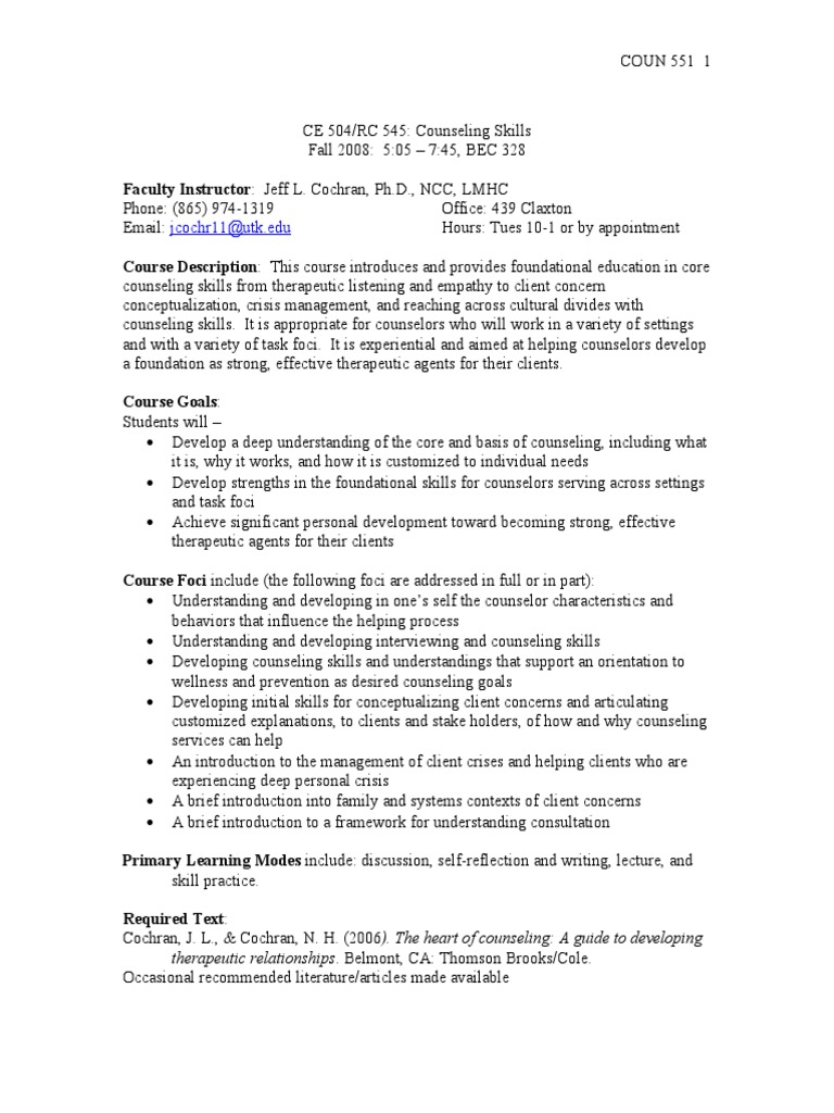 Counseling Skills Syllabus | PDF | Counseling Psychology | Psychotherapy