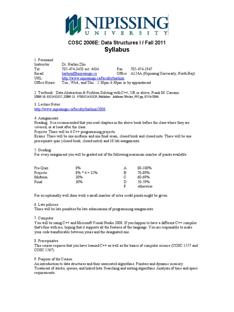 Syllabus Cosc 2006e Data Structures I Fall 2011 Pdf C Computer Programming 