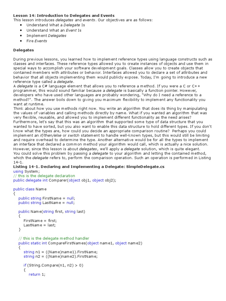 Lesson 14 Introduction To Delegates And Events Pdf Method 7443