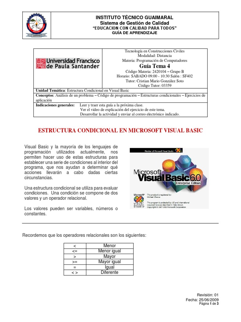 Guia Tema 4 - Estructura Condicional en Visual Basic Grupo B PDF | PDF | Básico | Programación ...