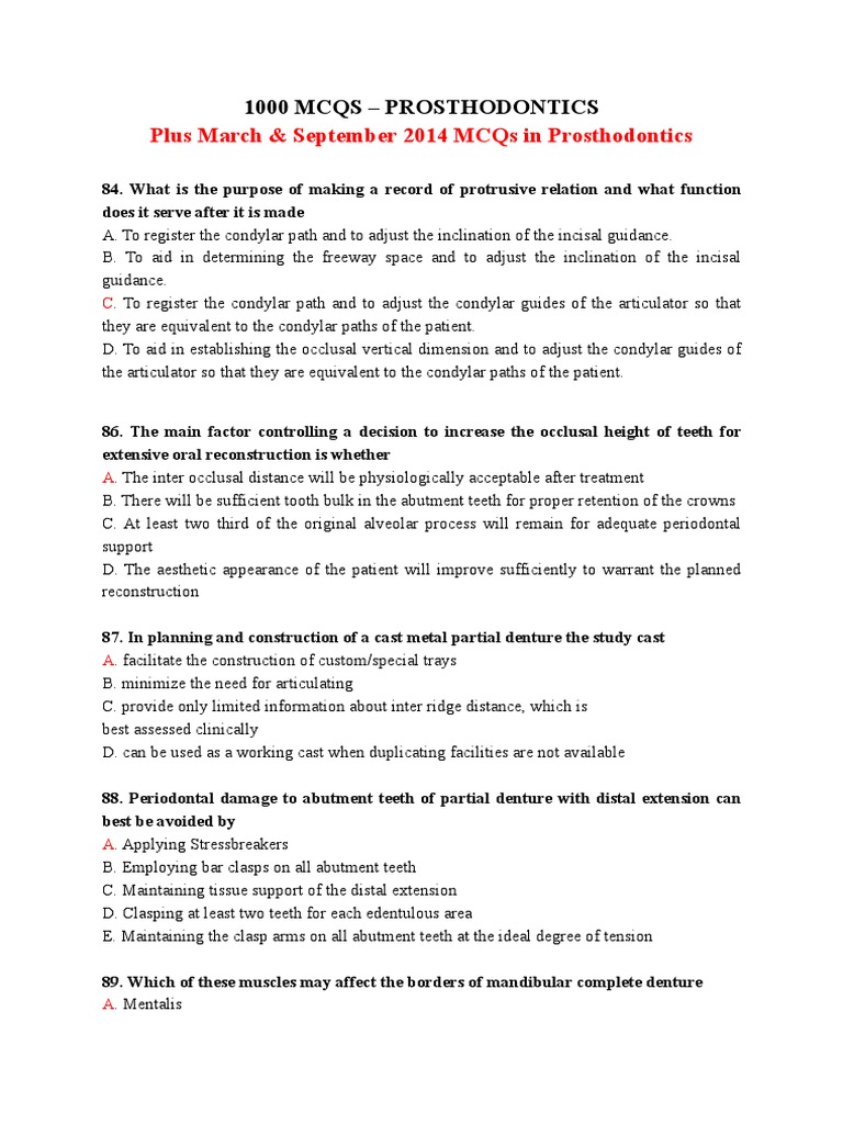 1000-MCQS - PROSTHODONTICS-DEFINITIVE Answers PDF | PDF | Dentures ...