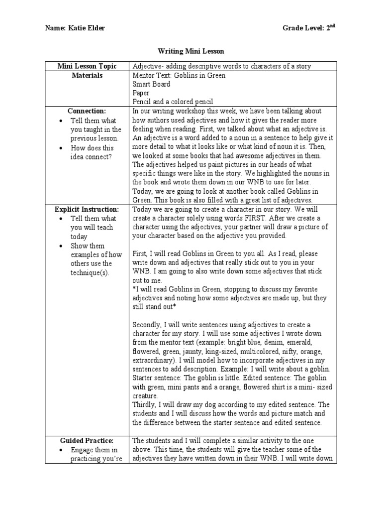Name: Katie Elder Grade Level: 2 Writing Mini Lesson Mini Lesson Topic ...