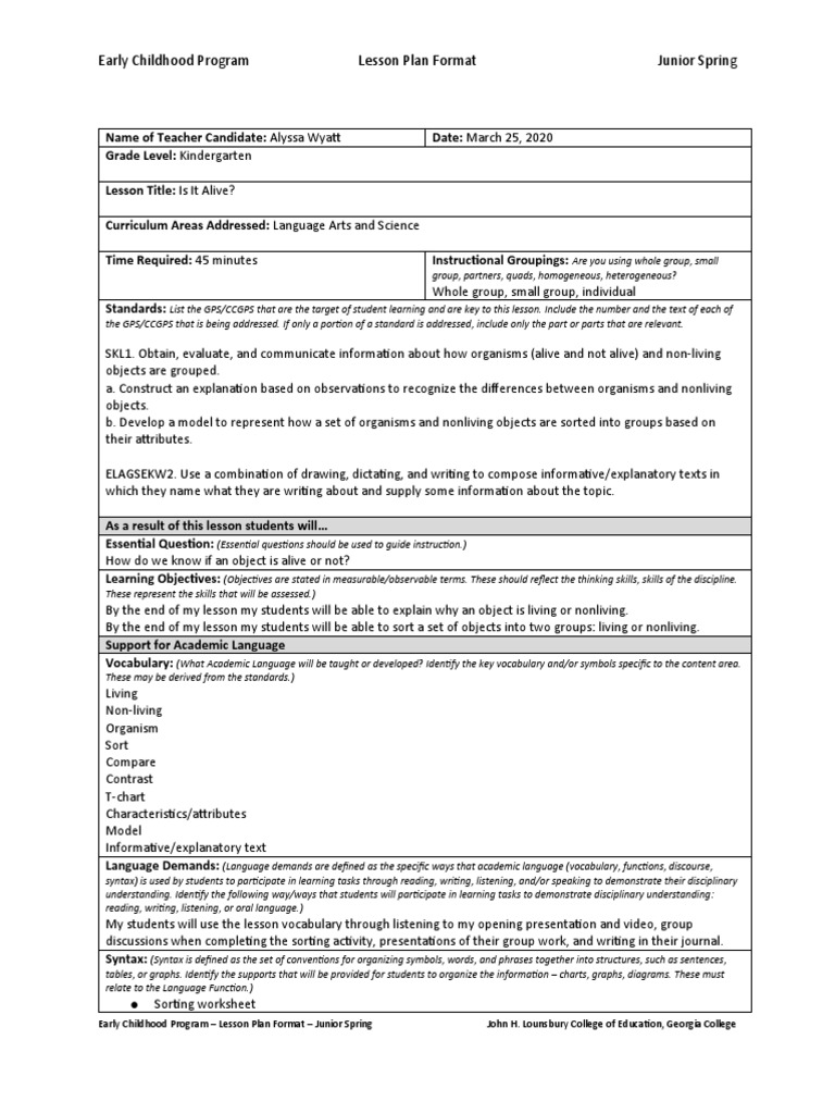 Early Childhood Program Lesson Plan Format Junior Spring | PDF | Lesson ...