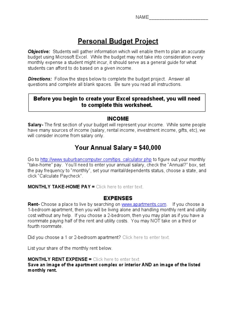 Personal Budget Project for Students | PDF | Spreadsheet | Budget