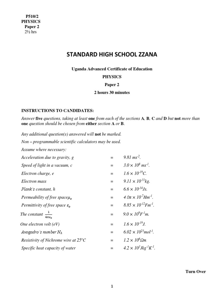 Standard High School Zzana: P510/2 Physics Paper 2 | PDF | Diffraction | Capacitor