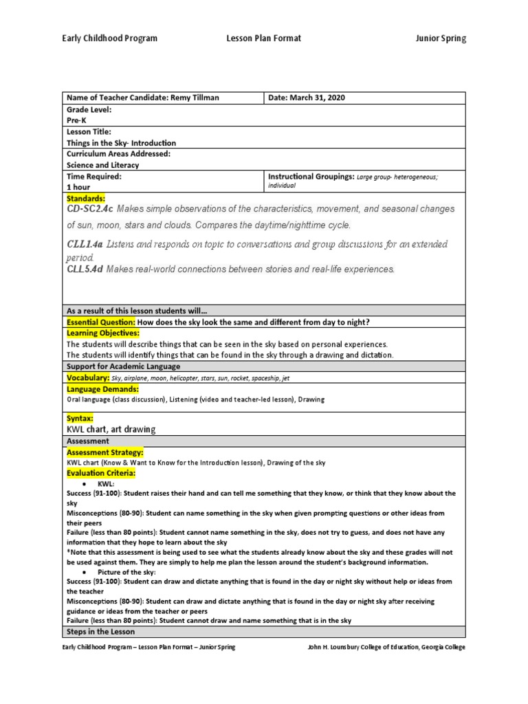 Early Childhood Program Lesson Plan Format Junior Spring | PDF | Lesson ...