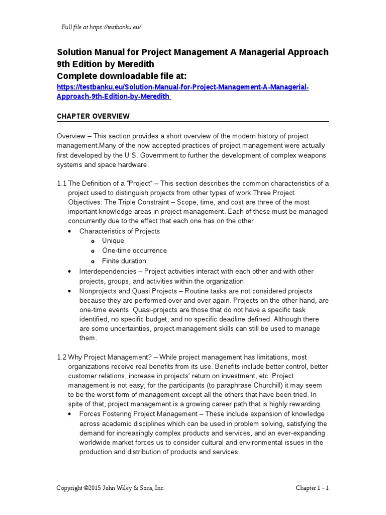 Solution Manual For Project Management A Managerial Approach 9th Edition by Meredith Complete ...