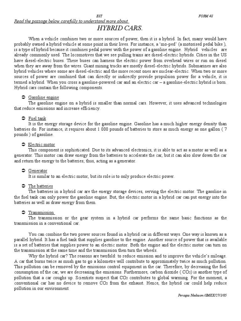 Hybrid Car - Passage & Exercises | PDF | Hybrid Vehicle | Engines