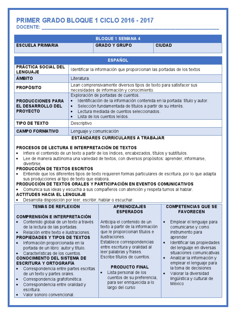 Primer Grado Bloque 1 Semana 4 | PDF | Comunicación | Aprendizaje