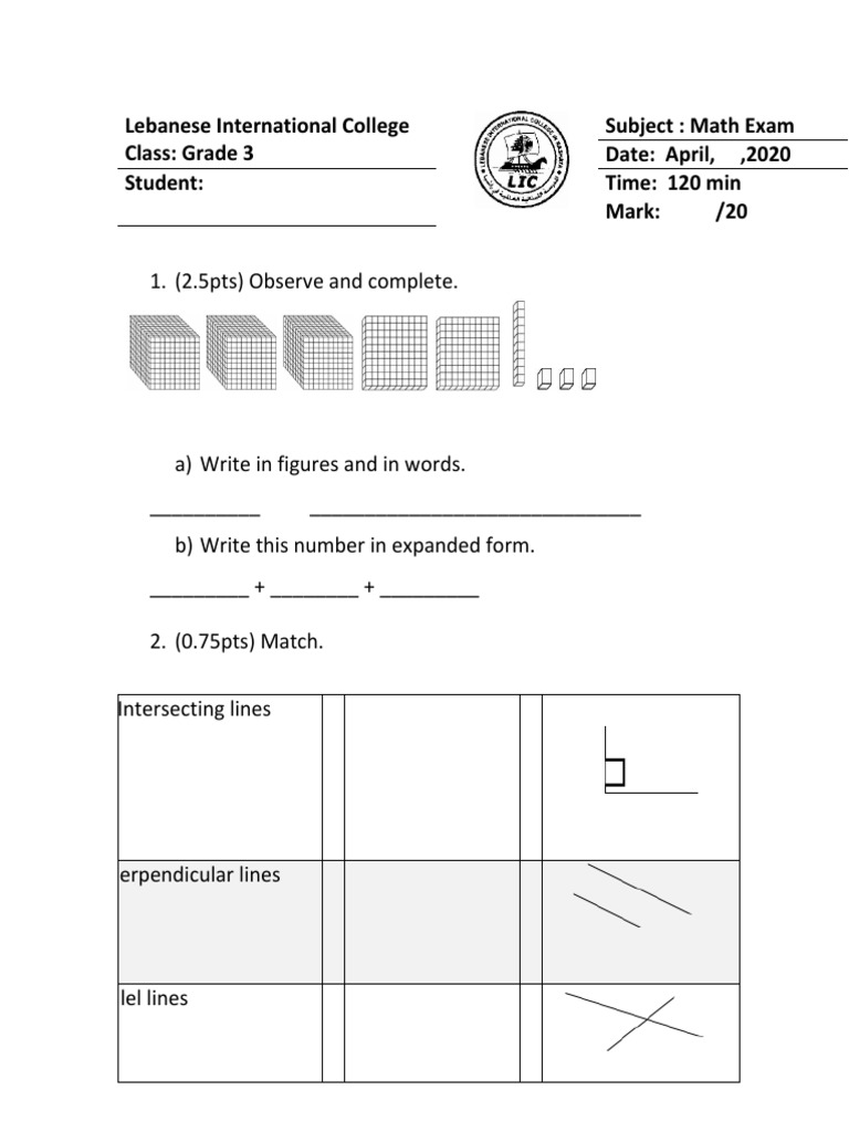 Lebanese International College Subject: Math Exam Class: Grade 3 Date ...