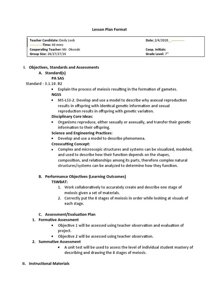 Meiosis Lesson Plan for 7th Grade | PDF | Meiosis | Chromosome