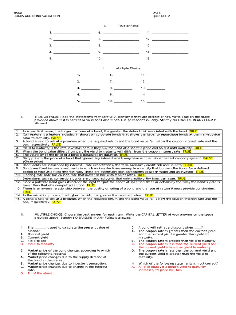 Bonds Valuation Questionnaire With Answers | PDF | Bonds (Finance ...