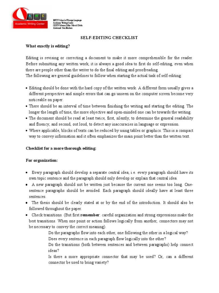 Self Editing Checklist | PDF | Grammatical Number | Verb
