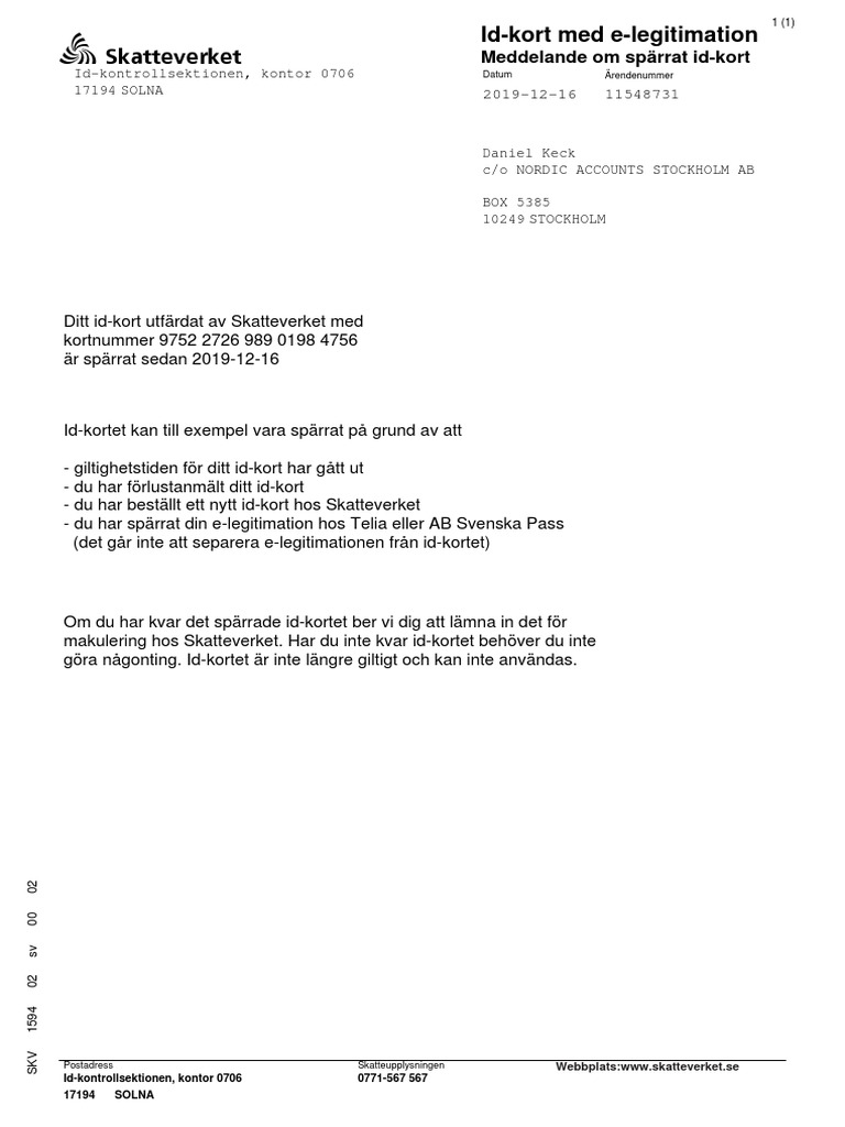 Skatteverket: Id-Kort Med E-Legitimation | PDF