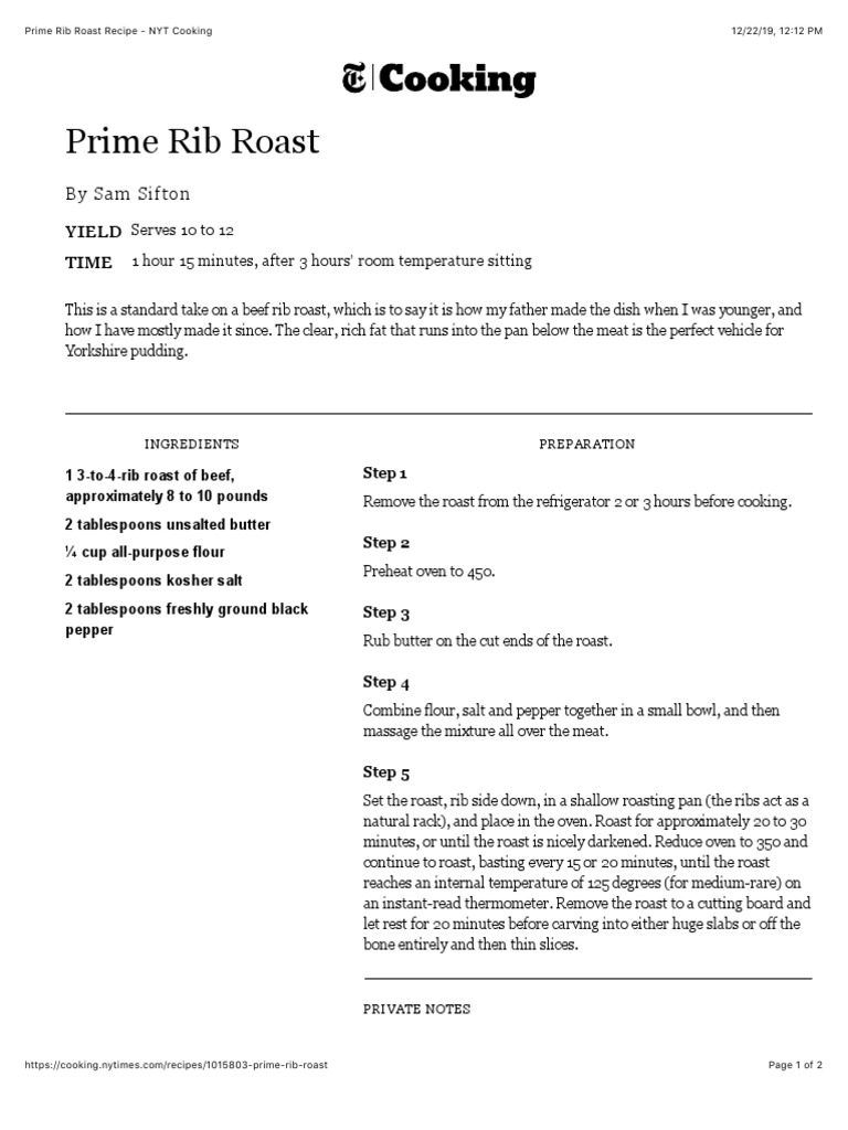 Prime Rib Roast Recipe - NYT Cooking | PDF | Roasting | Beef