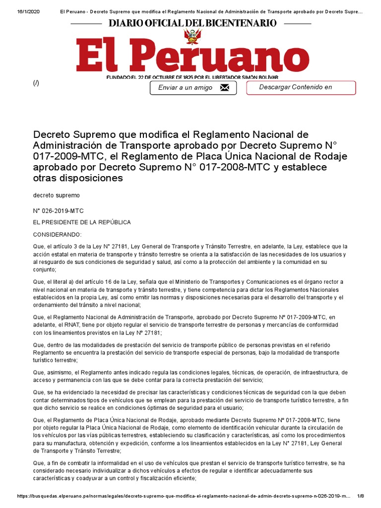 El Peruano - Decreto Supremo Que Modifica El Reglamento Nacional de ...