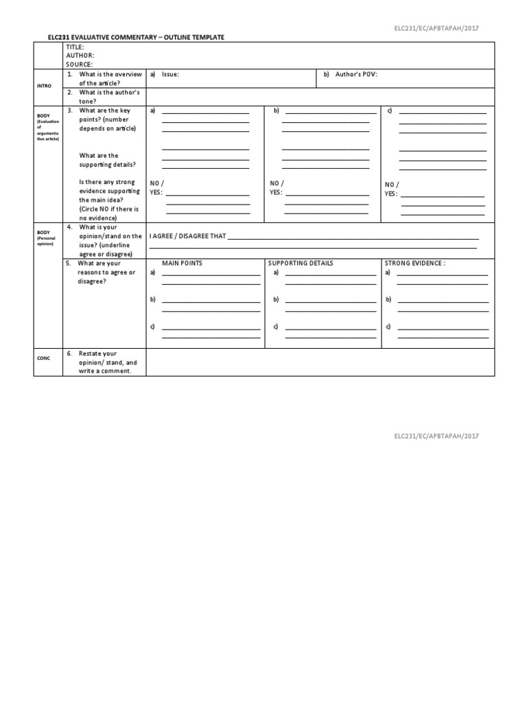 ELC231 Evaluative Commentary Template | PDF