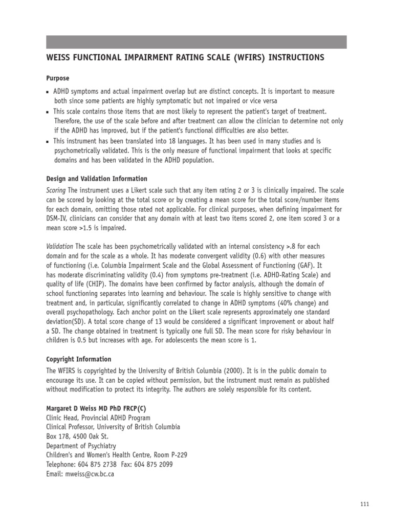 Weiss Functional Impairment Rating Scale (Wfirs) Instructions | PDF ...