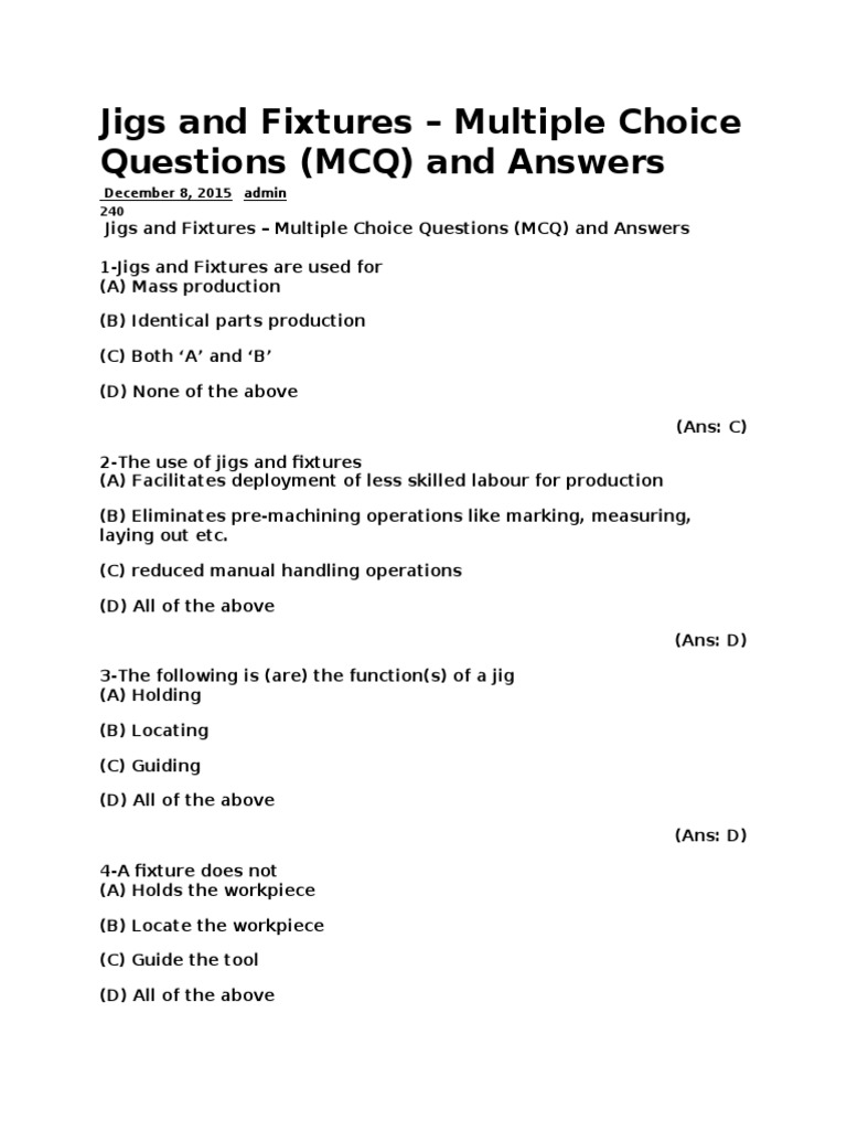 Jigs and Fixtures - Multiple Choice Questions (MCQ) and Answers | PDF ...