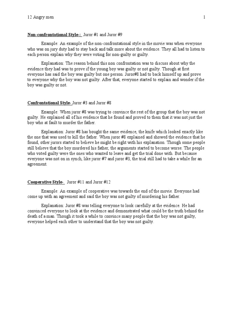Non-Confrontational Style-: Juror #1 and Juror #9 | PDF | Psychological ...