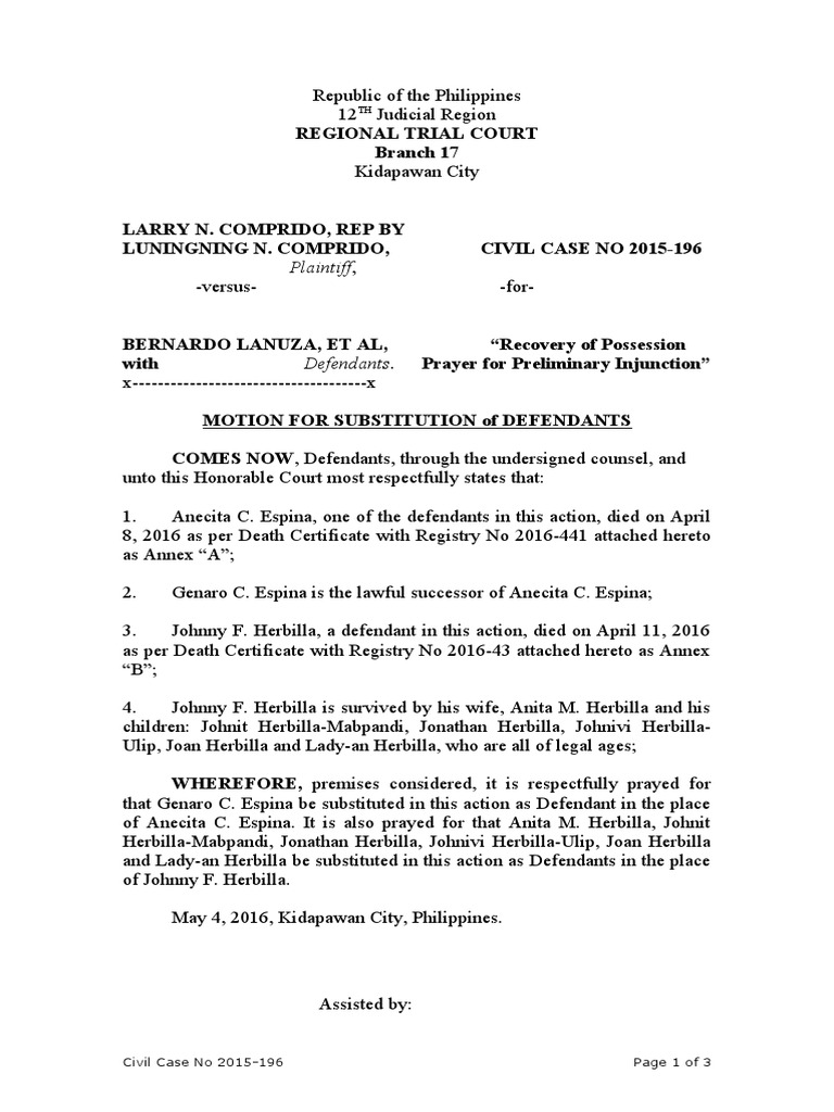 Motion To For Substitution of Parties-Lanuza | PDF | Lawsuit ...
