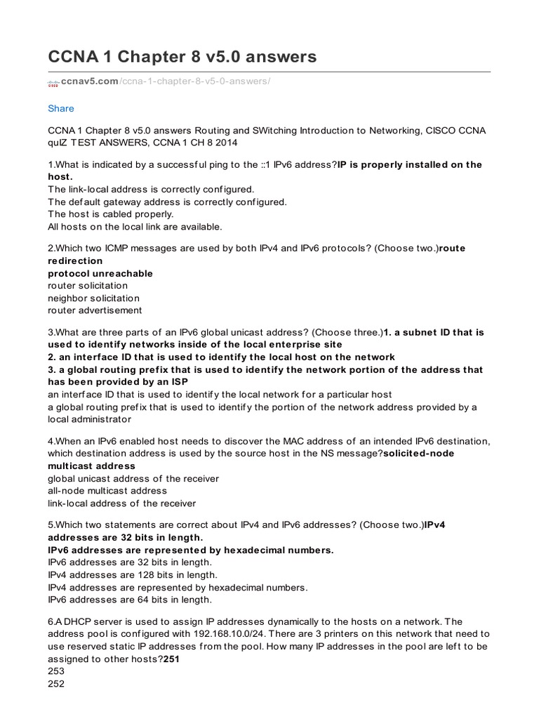 ccna 1 Chapter 8 v5 0 Answers | PDF | I Pv6 | Ip Address