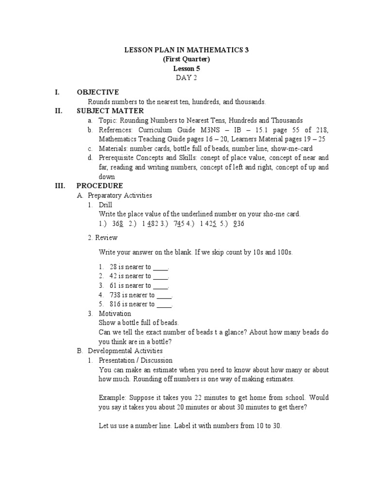 Lesson Plan in Mathematics 3 (First Quarter) Lesson 5 I. Objective II ...
