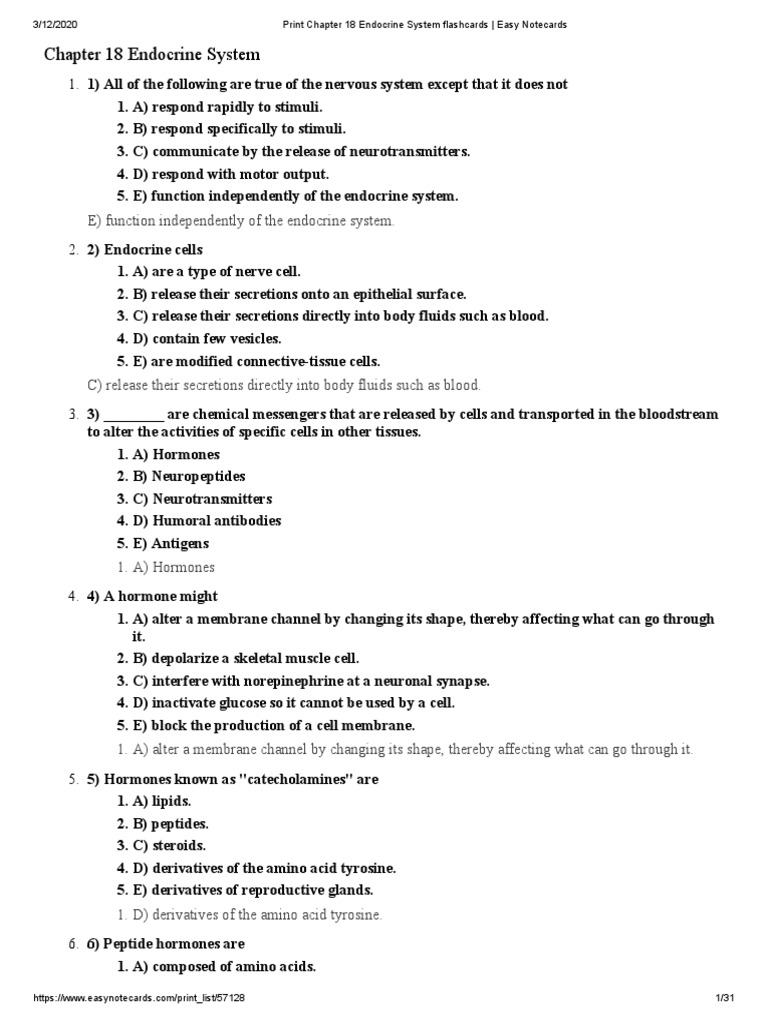 Print Chapter 18 Endocrine System Flashcards - Easy Notecards | PDF ...