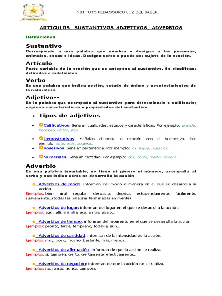 Ejemplos de Sustantivos, Adjetivos y Adverbios | PDF | Adverbio | Adjetivo