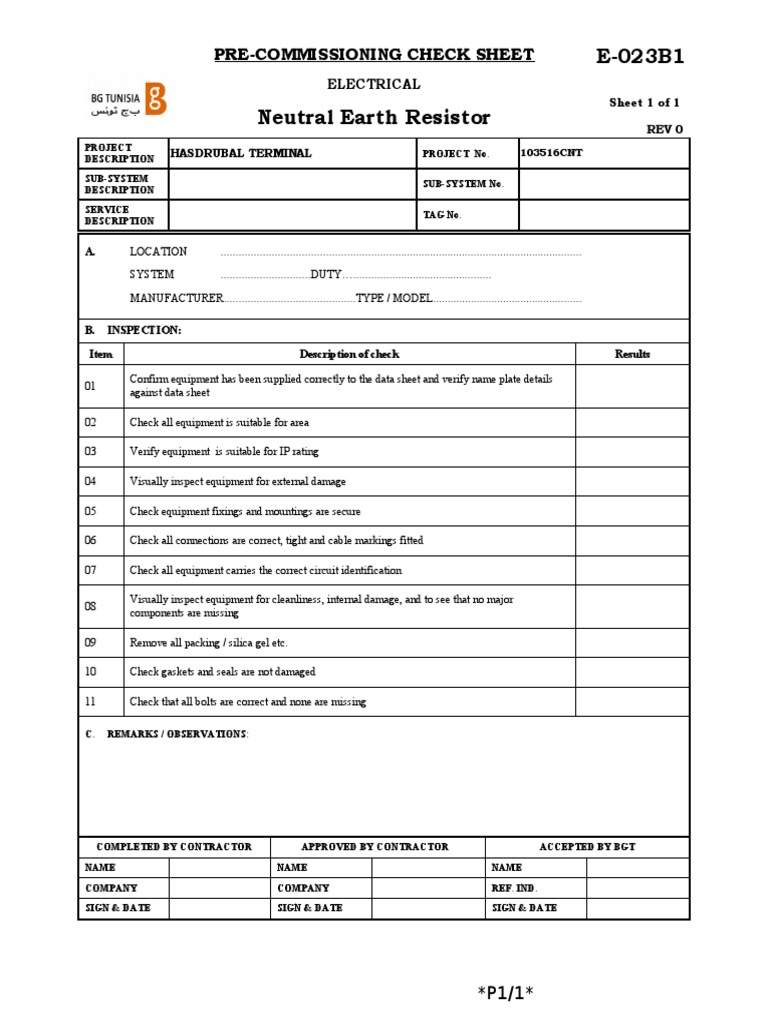 Pre-Commissioning Check Sheet: Electrical | PDF | Electrical Components ...