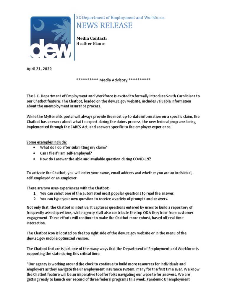 SCDEW Information On Chatbot | PDF | Unemployment Benefits | Workforce