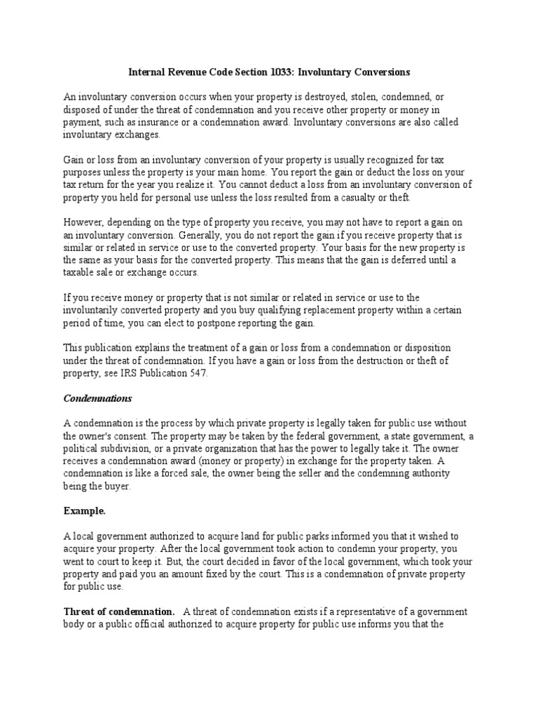 Internal Revenue Code Section 1033: Involuntary Conversions ...