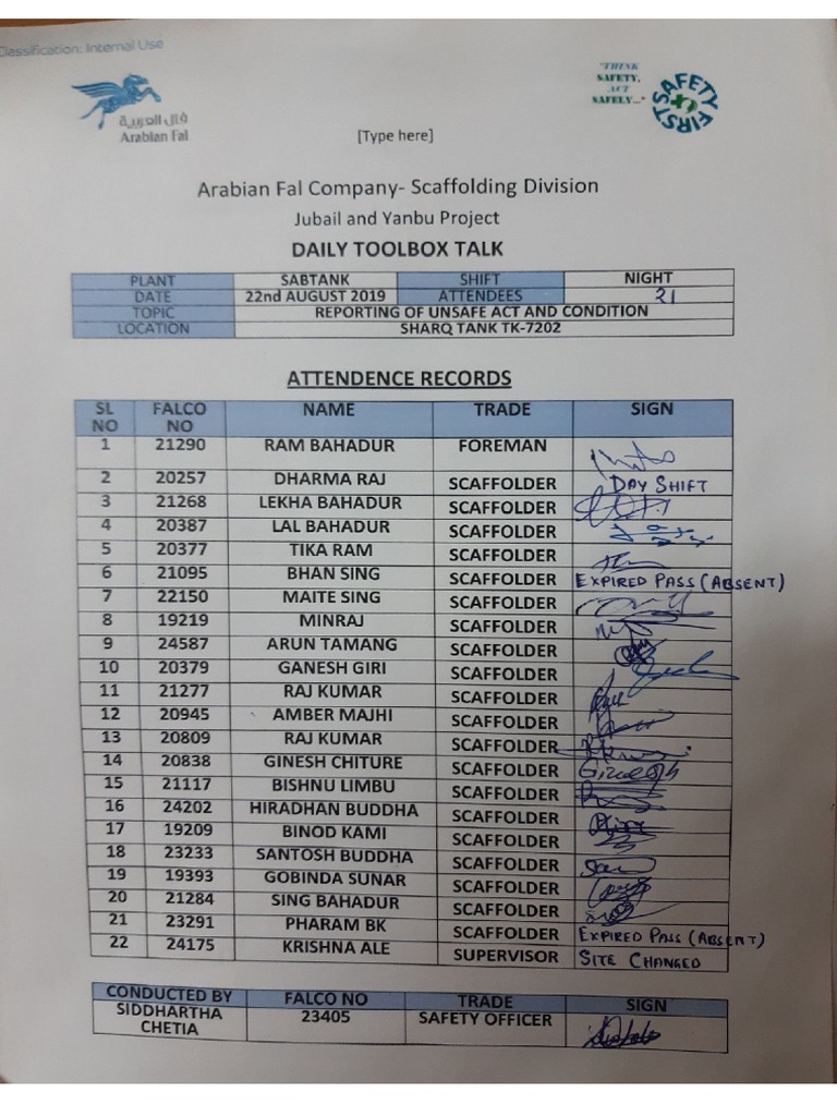 22nd August Daily Toolbox Talk Attendance | PDF