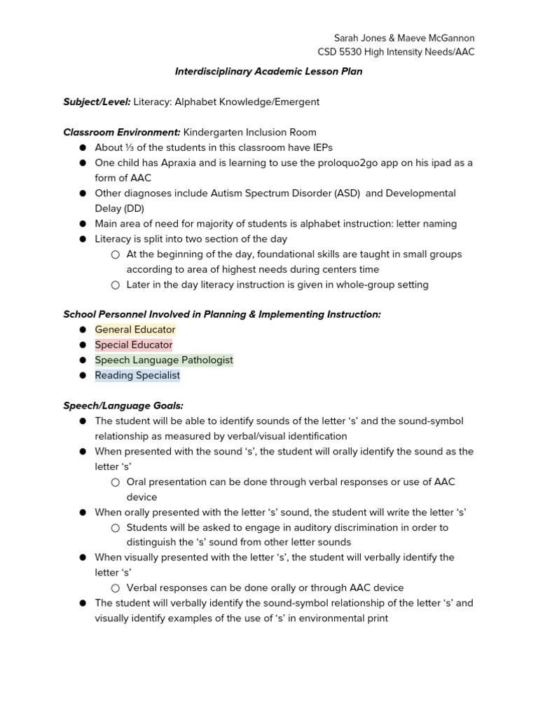 Kindergarten Literacy AAC Lesson Plan | PDF | Literacy | Letter Case