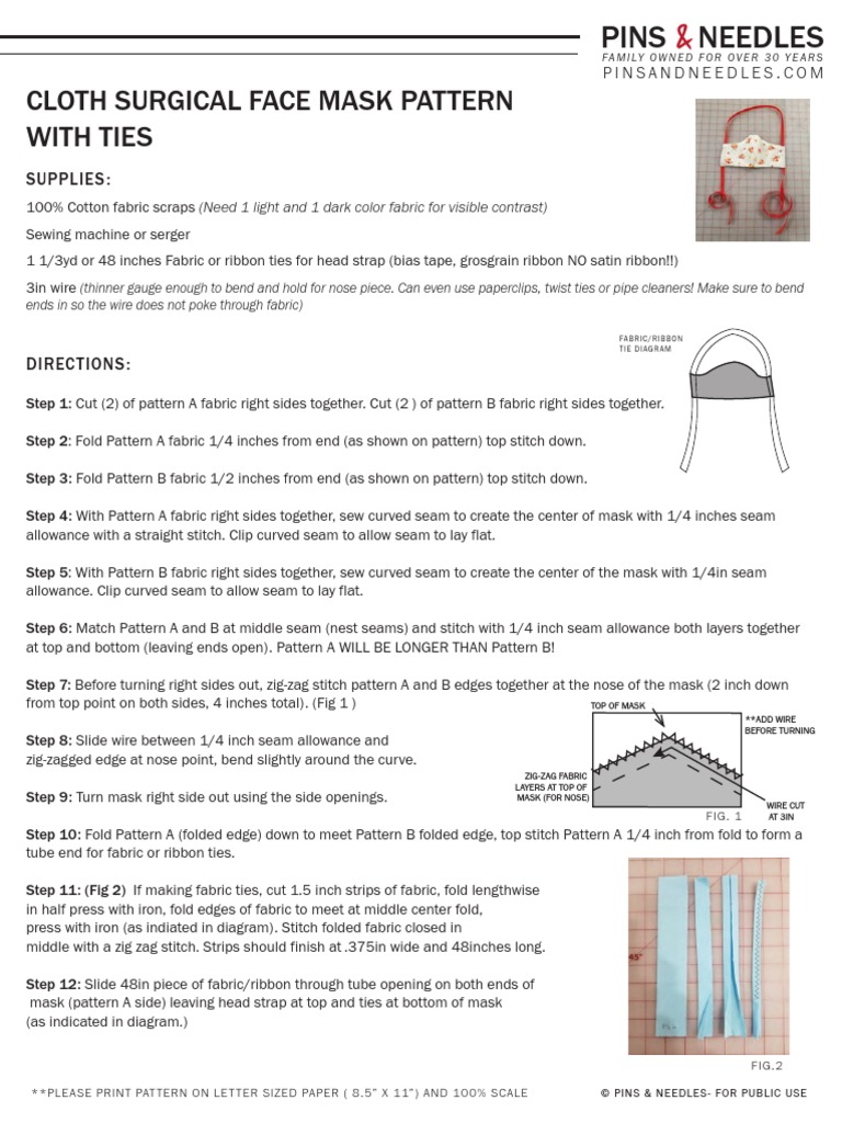 Cloth Surgical Face Mask Pattern With Ties | PDF | Seam (Sewing) | Sewing